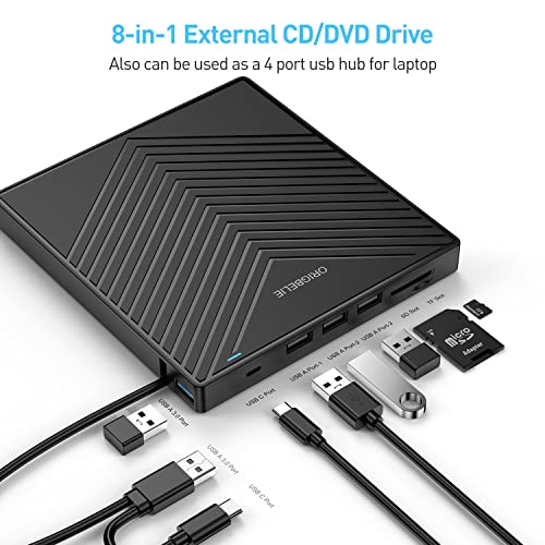 ORIGBELIE External CD DVD Drive, Ultra Slim CD Burner USB 3.0 with 4 USB Ports and 2 TF/SD Card Slots, Optical Disk Drive for Laptop Mac PC Windows 11/10/8/7 Linux OS with Carrying Case