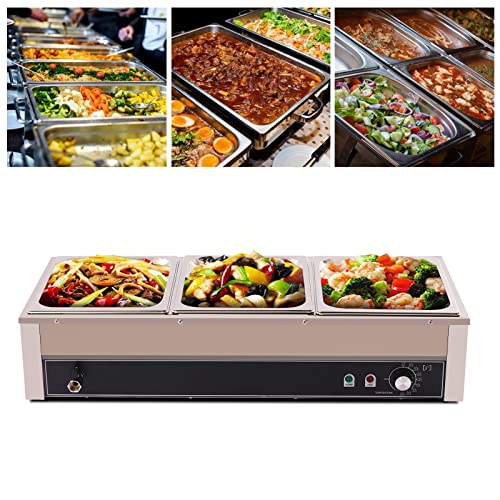 3-Pan Commercial Food Warmer, 110V 1500W Electric Steam Table 10cm/4inch Deep 20.6Qt, Professional Stainless Steel Buffet Bain Marie for Catering and Restaurants