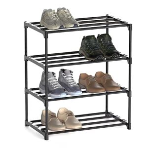 4-tier small shoe rack, narrow stackable shoe shelf storage organizer, sturdy metal expandable free standing shoe racks for entryway hallway closet bathroom living room (black)