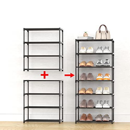 4-Tier Small Shoe Rack, Narrow Stackable Shoe Shelf Storage Organizer, Sturdy Metal Expandable Free Standing Shoe Racks for Entryway Hallway Closet Bathroom Living Room (Black)