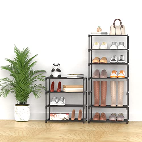 4-Tier Small Shoe Rack, Narrow Stackable Shoe Shelf Storage Organizer, Sturdy Metal Expandable Free Standing Shoe Racks for Entryway Hallway Closet Bathroom Living Room (Black)