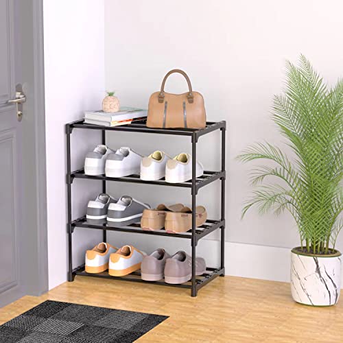 4-Tier Small Shoe Rack, Narrow Stackable Shoe Shelf Storage Organizer, Sturdy Metal Expandable Free Standing Shoe Racks for Entryway Hallway Closet Bathroom Living Room (Black)