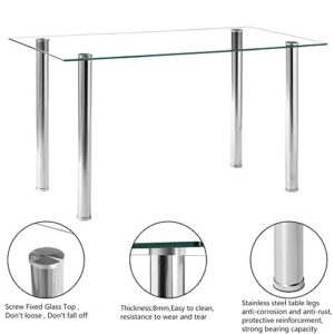 POULEII Glass Dining Table,Modern Minimalist Rectangular Table with Tempered Glass Tabletop and Silver Chrome Metal Legs for 6-8, Space Saving Dining Table for Kitchen Dining Room