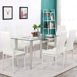 POULEII Glass Dining Table,Modern Minimalist Rectangular Table with Tempered Glass Tabletop and Silver Chrome Metal Legs for 6-8, Space Saving Dining Table for Kitchen Dining Room