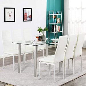 POULEII Glass Dining Table,Modern Minimalist Rectangular Table with Tempered Glass Tabletop and Silver Chrome Metal Legs for 6-8, Space Saving Dining Table for Kitchen Dining Room