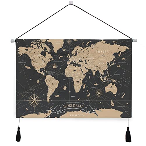 World Map Hanging Poster Retro Map Canvas Poster Hangers Portable Scroll Poster Wall Hanger Tapestry for Office Home Living Room Bedroom Decor 18 x 26inch