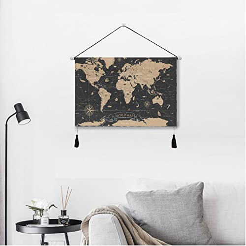 World Map Hanging Poster Retro Map Canvas Poster Hangers Portable Scroll Poster Wall Hanger Tapestry for Office Home Living Room Bedroom Decor 18 x 26inch