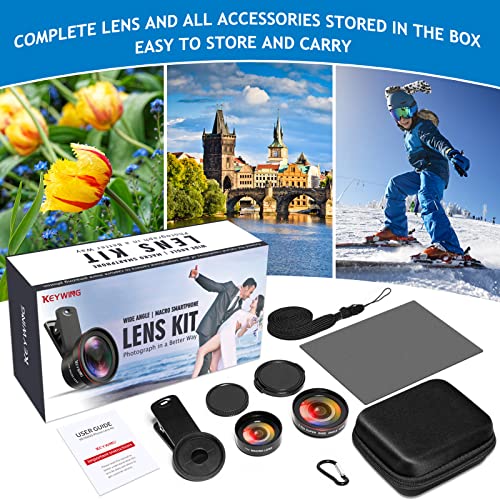 KEYWING Phone Camera Lens Kit, 15x Macro Lens for iPhone & Android +0.45x Super Wide-Angle Lens for iPhone 8 x xr 11 12 13 14 pro max for Samsung, with Travel Case, Cleaning Cloth &Lanyard