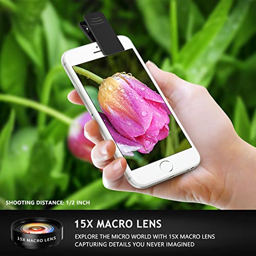 KEYWING Phone Camera Lens Kit, 15x Macro Lens for iPhone & Android +0.45x Super Wide-Angle Lens for iPhone 8 x xr 11 12 13 14 pro max for Samsung, with Travel Case, Cleaning Cloth &Lanyard