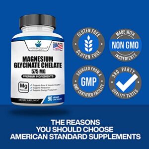 Magnesium Glycinate 575mg per Serving, Magnesium Glycinate Chelate, Magnesium Glycinate Capsules, Magnesium Supplement for Bone & Muscle Health, Chelated for Maximum Absorption, 90 Veggie Capsules