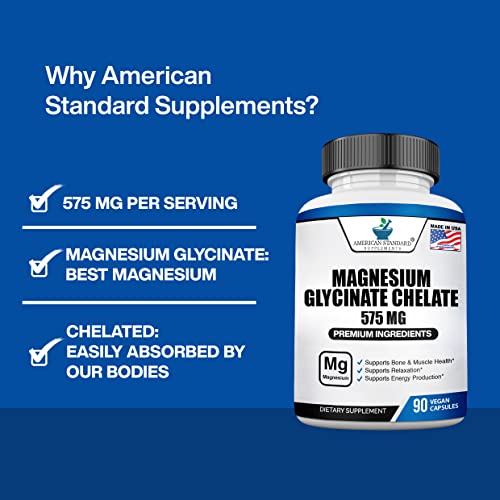 Magnesium Glycinate 575mg per Serving, Magnesium Glycinate Chelate, Magnesium Glycinate Capsules, Magnesium Supplement for Bone & Muscle Health, Chelated for Maximum Absorption, 90 Veggie Capsules