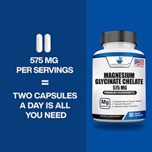 Magnesium Glycinate 575mg per Serving, Magnesium Glycinate Chelate, Magnesium Glycinate Capsules, Magnesium Supplement for Bone & Muscle Health, Chelated for Maximum Absorption, 90 Veggie Capsules