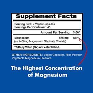 Magnesium Glycinate 575mg per Serving, Magnesium Glycinate Chelate, Magnesium Glycinate Capsules, Magnesium Supplement for Bone & Muscle Health, Chelated for Maximum Absorption, 90 Veggie Capsules