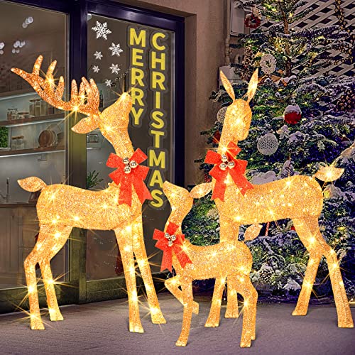 Super Large 3 Pieces Lighted Reindeer Christmas Decoration Family Set, Christmas Deer Family Decor Outdoor Yard Christmas Decorations with 240 LED Lights, Stakes, Zip Ties