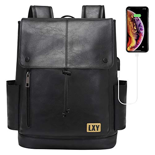 LXY Leather Laptop Backpack Women Vintage Travel Computer Backpack with USB Charging Port, Laptop Purse Book Bag for Ladies Black