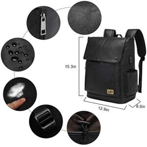 LXY Leather Laptop Backpack Women Vintage Travel Computer Backpack with USB Charging Port, Laptop Purse Book Bag for Ladies Black