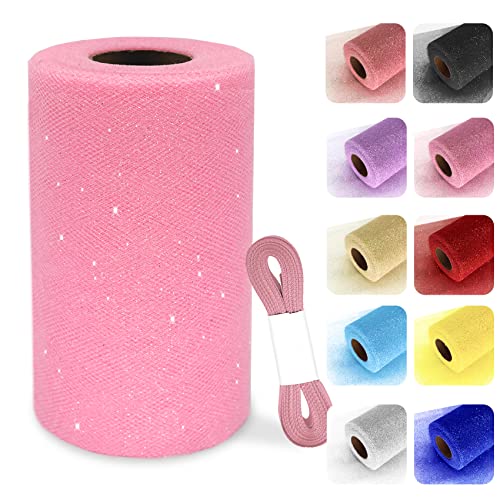 Pink Glitter Tulle Fabric with Ribbon, 6" x 50 Yards (150ft) Sparkle Tulle Roll for Tutu Gift Wrapping Wedding Decoration DIY Crafts Party Backdrop