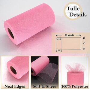 Pink Glitter Tulle Fabric with Ribbon, 6" x 50 Yards (150ft) Sparkle Tulle Roll for Tutu Gift Wrapping Wedding Decoration DIY Crafts Party Backdrop