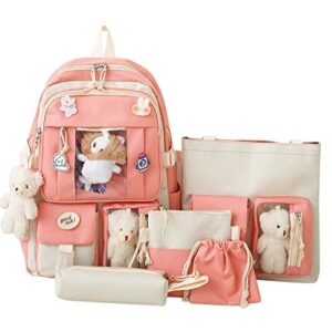 fuinueio kawaii backpack casual bags cute aesthetic backpacks with kawaii bear pendant pins handle shoulder tote bag pencil case schoolbag