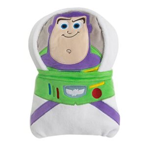 disney toy story it's play time white, green, and purple, buzz lightyear shaped toddler blanket