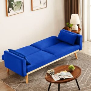 Lamerge Velvet Sleeper Couch with Pillows & Wooden Frame, Upholstered Modern Folding Futon Sofa Bed, Lounge Memory Foam Convertible Loveseat for Studio, APT, Dorm, Home Office (Blue)