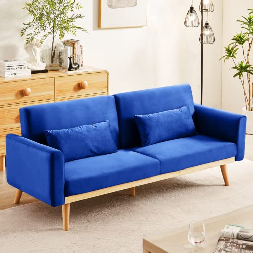 Lamerge Velvet Sleeper Couch with Pillows & Wooden Frame, Upholstered Modern Folding Futon Sofa Bed, Lounge Memory Foam Convertible Loveseat for Studio, APT, Dorm, Home Office (Blue)