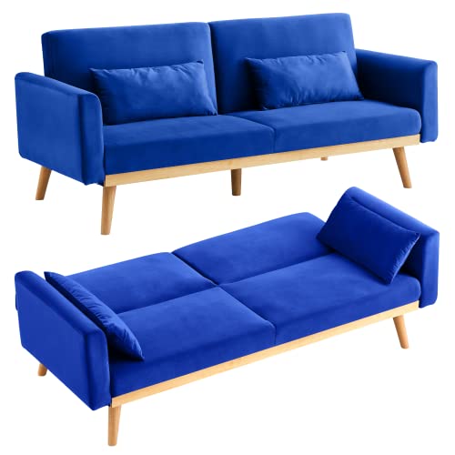 Lamerge Velvet Sleeper Couch with Pillows & Wooden Frame, Upholstered Modern Folding Futon Sofa Bed, Lounge Memory Foam Convertible Loveseat for Studio, APT, Dorm, Home Office (Blue)