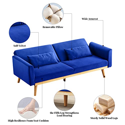 Lamerge Velvet Sleeper Couch with Pillows & Wooden Frame, Upholstered Modern Folding Futon Sofa Bed, Lounge Memory Foam Convertible Loveseat for Studio, APT, Dorm, Home Office (Blue)