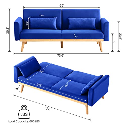 Lamerge Velvet Sleeper Couch with Pillows & Wooden Frame, Upholstered Modern Folding Futon Sofa Bed, Lounge Memory Foam Convertible Loveseat for Studio, APT, Dorm, Home Office (Blue)