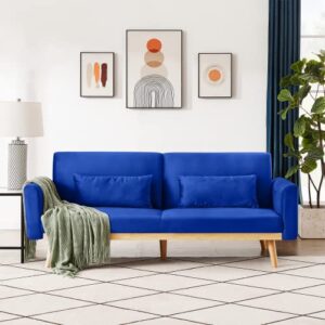 Lamerge Velvet Sleeper Couch with Pillows & Wooden Frame, Upholstered Modern Folding Futon Sofa Bed, Lounge Memory Foam Convertible Loveseat for Studio, APT, Dorm, Home Office (Blue)