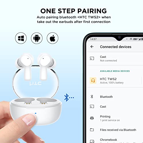 HTC True Wireless Earbuds 1 Bluetooth 5.3 Earphones, in-Ear Headphone ENC Noise Cancellation Transparent Space Capsule, 32-Hour Playtime/Built-in Microphone/Touch Control -Crystal White