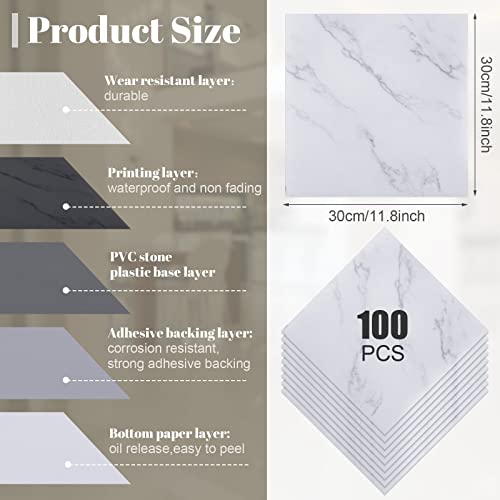 100 Pcs Self Adhesive Peel and Stick Floor Tile 12 x 12 Inch Waterproof Vinyl Flooring Tile Floor Vinyl Sticker Tiles for Kitchen Bedroom Basement Bathroom (Marble Style)