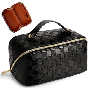 large capacity travel cosmetic bag plaid checkered makeup bag portable leather waterproof skincare bag with handle and divider for women