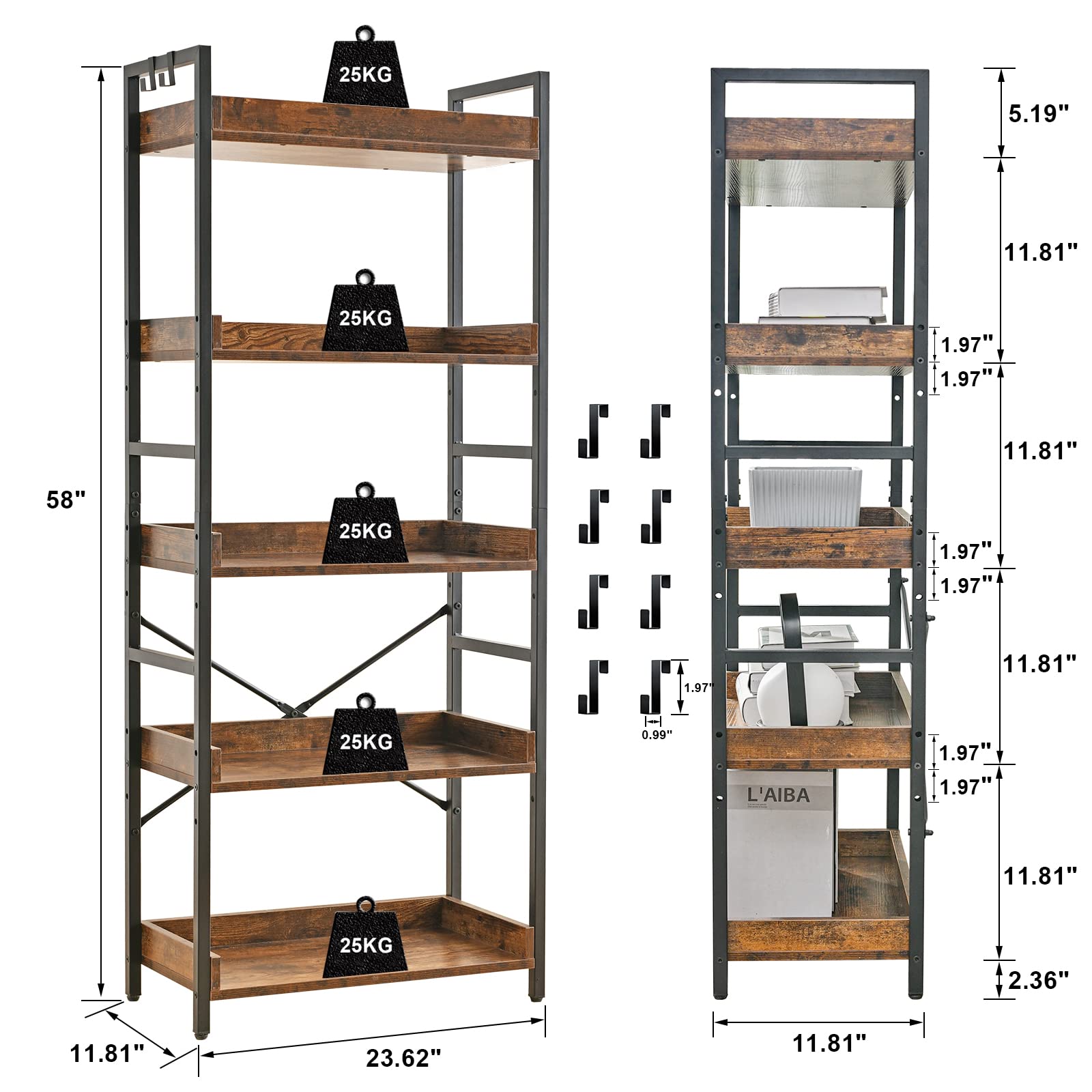 HCHQHS Bookshelf Adjustable 5 Tier Open Bookcase,Rustic Farmhouse Book Shelves, Industrial Wood and Black Metal Bookshelves,Mid Century Bookcase for Home Office Living Room Bedroom (Rustic, 5 Tier)