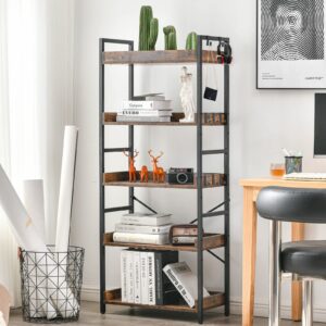 HCHQHS Bookshelf Adjustable 5 Tier Open Bookcase,Rustic Farmhouse Book Shelves, Industrial Wood and Black Metal Bookshelves,Mid Century Bookcase for Home Office Living Room Bedroom (Rustic, 5 Tier)