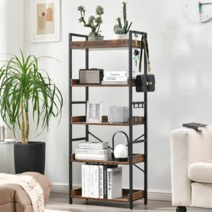 HCHQHS Bookshelf Adjustable 5 Tier Open Bookcase,Rustic Farmhouse Book Shelves, Industrial Wood and Black Metal Bookshelves,Mid Century Bookcase for Home Office Living Room Bedroom (Rustic, 5 Tier)