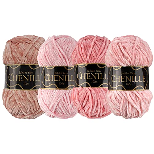 JubileeYarn Chenille Yarn - Worsted Weight - 100g/Skein - Shades of Pink - 4 Skeins