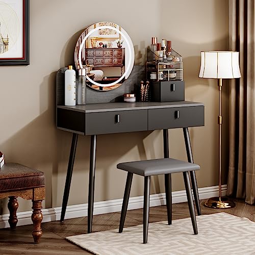 DOLILO 35" Vanity Desk with Mirror and Lights, Makeup Vanity with Lights, 3 Modes Brightness Adjustable, Vanity Mirror with Lights and Table Set with Vanity Stool 3 Sliding Drawers (Iron Grey)