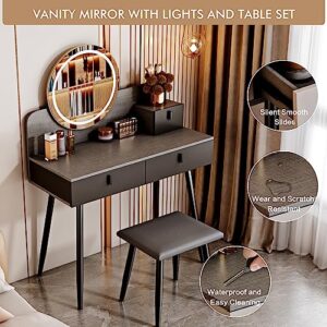 DOLILO 35" Vanity Desk with Mirror and Lights, Makeup Vanity with Lights, 3 Modes Brightness Adjustable, Vanity Mirror with Lights and Table Set with Vanity Stool 3 Sliding Drawers (Iron Grey)