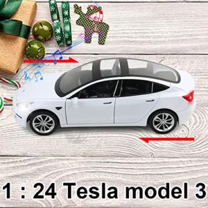 1:24 Scale Tesla Model 3 Alloy Car Model Diecast Toy Vehicles for Kids, Tesla car Model，Pull Back Alloy Car with Lights and Music,Gifts for Boys and Girls.