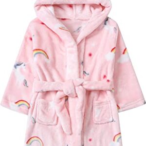 Umeyda Girls Robe, Soft Fuzzy Fleece Printed Hooded Bathrobe Cute Sleepwear for Kids, Rainbow Peach Pink, 12-18 Months = Tag 90