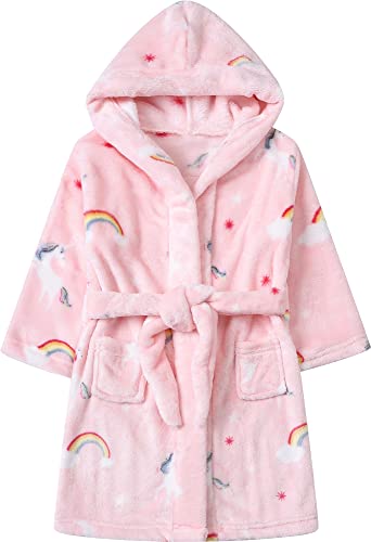 Umeyda Girls Robe, Soft Fuzzy Fleece Printed Hooded Bathrobe Cute Sleepwear for Kids, Rainbow Peach Pink, 12-18 Months = Tag 90