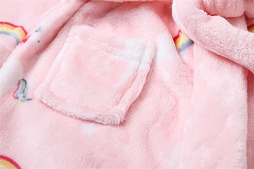 Umeyda Girls Robe, Soft Fuzzy Fleece Printed Hooded Bathrobe Cute Sleepwear for Kids, Rainbow Peach Pink, 12-18 Months = Tag 90