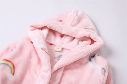 Umeyda Girls Robe, Soft Fuzzy Fleece Printed Hooded Bathrobe Cute Sleepwear for Kids, Rainbow Peach Pink, 12-18 Months = Tag 90