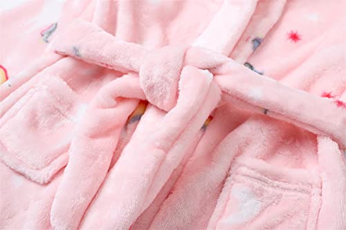 Umeyda Girls Robe, Soft Fuzzy Fleece Printed Hooded Bathrobe Cute Sleepwear for Kids, Rainbow Peach Pink, 12-18 Months = Tag 90