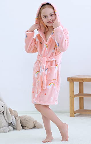 Umeyda Girls Robe, Soft Fuzzy Fleece Printed Hooded Bathrobe Cute Sleepwear for Kids, Rainbow Peach Pink, 12-18 Months = Tag 90