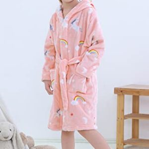 Umeyda Girls Robe, Soft Fuzzy Fleece Printed Hooded Bathrobe Cute Sleepwear for Kids, Rainbow Peach Pink, 12-18 Months = Tag 90