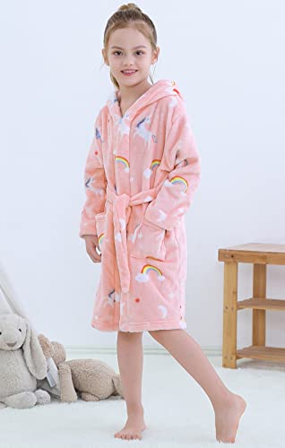 Umeyda Girls Robe, Soft Fuzzy Fleece Printed Hooded Bathrobe Cute Sleepwear for Kids, Rainbow Peach Pink, 12-18 Months = Tag 90