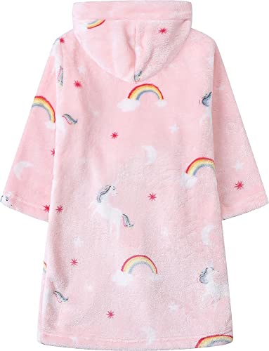 Umeyda Girls Robe, Soft Fuzzy Fleece Printed Hooded Bathrobe Cute Sleepwear for Kids, Rainbow Peach Pink, 12-18 Months = Tag 90