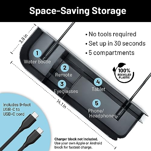 Squirrel - The Bedside Perch | USB-C & USB-A Charging Bedside Caddy and Bed Table Tray Organizer | Space-Saving Dorm Room Essentials & Small Space Storage | Made with 100% Recycled Plastic (Black)